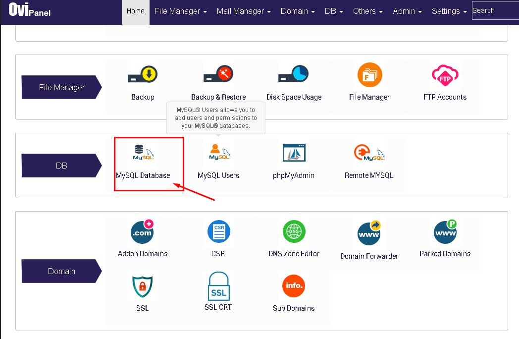 How to create MySQL database in OVIPanel