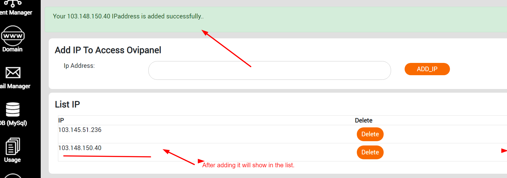 How to add an IP to access ovipanel